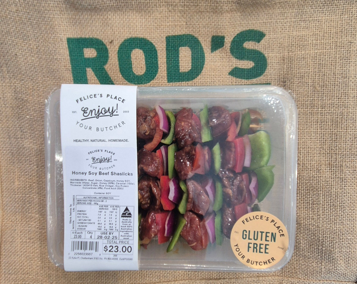 Beef-Shaslicks Honey Soy Beef 4 pack Gluten Free – Rod's Fruit and Veg