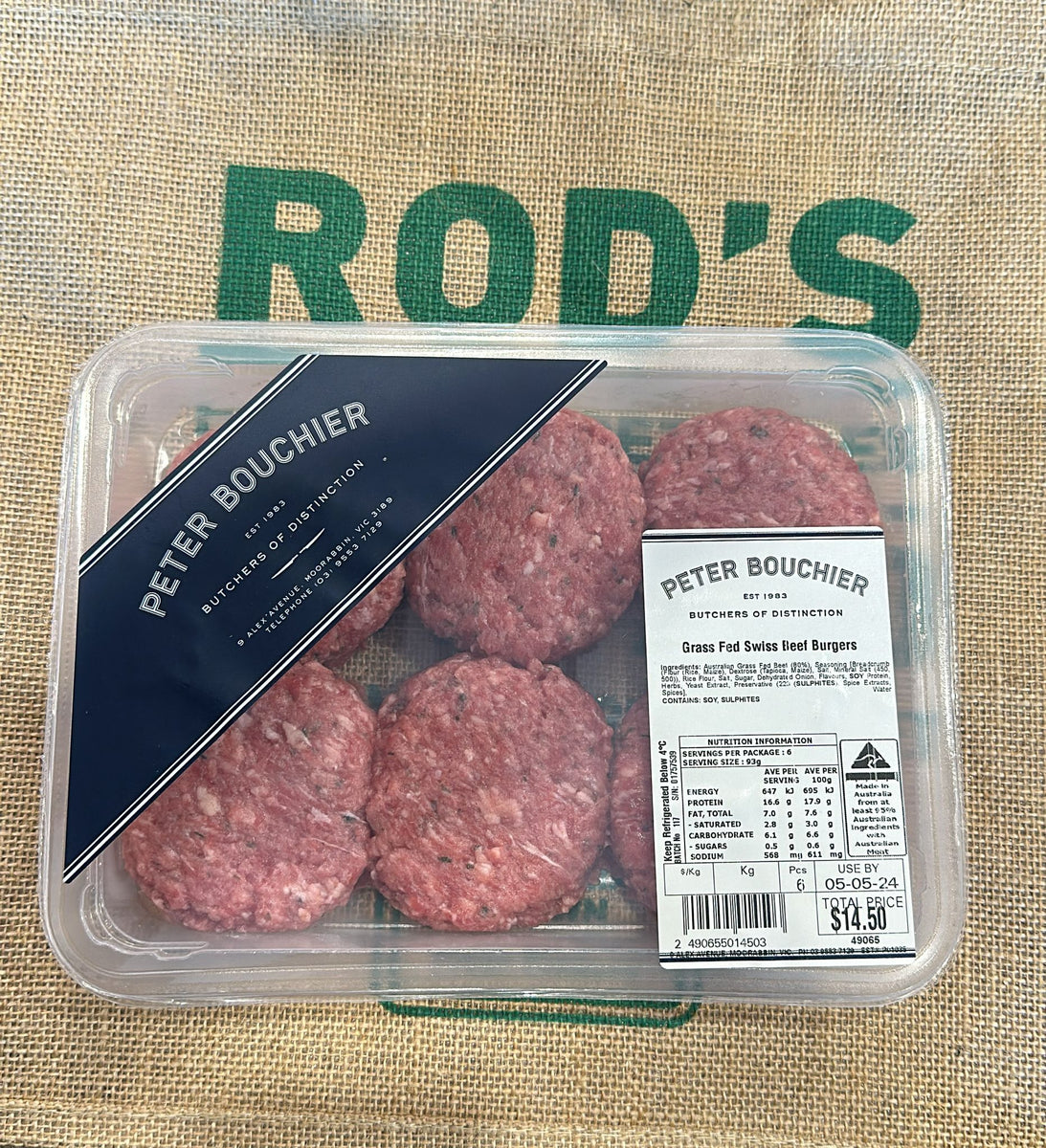 Peter Bouchier- Grass Fed Beef Burgers(6 pack) – Rod's Fruit and Veg